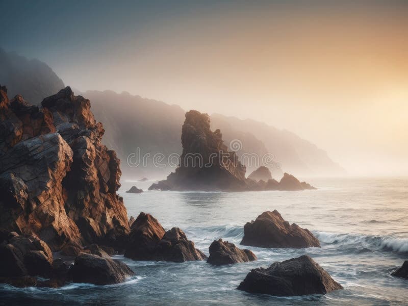 Dramatic Rocky Outcrop in Misty Ocean Landscape. Stock Photo - Image of ...