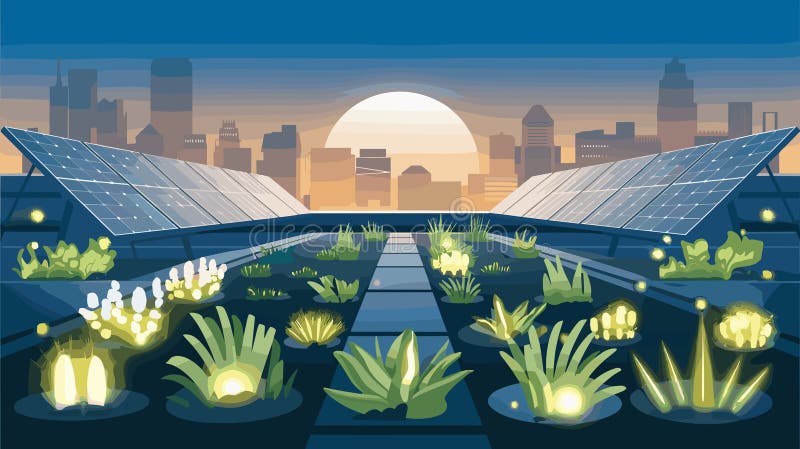 Dramatic Rooftop Garden with Solar Panels at Sunset, Bio-luminescent ...