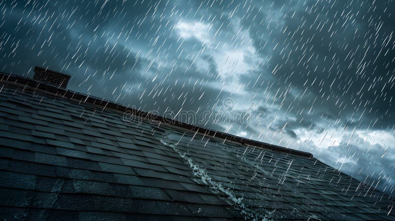 Dramatic Rooftop Scene with Cascading Rain Stock Illustration ...