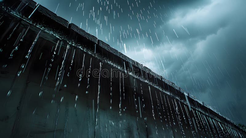 Dramatic Rooftop Scene with Rain Cascading Down Stock Illustration ...