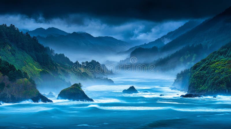 Dramatic Rugged Cliffs, Powerful Ocean Waves, and Dense Coastal ...