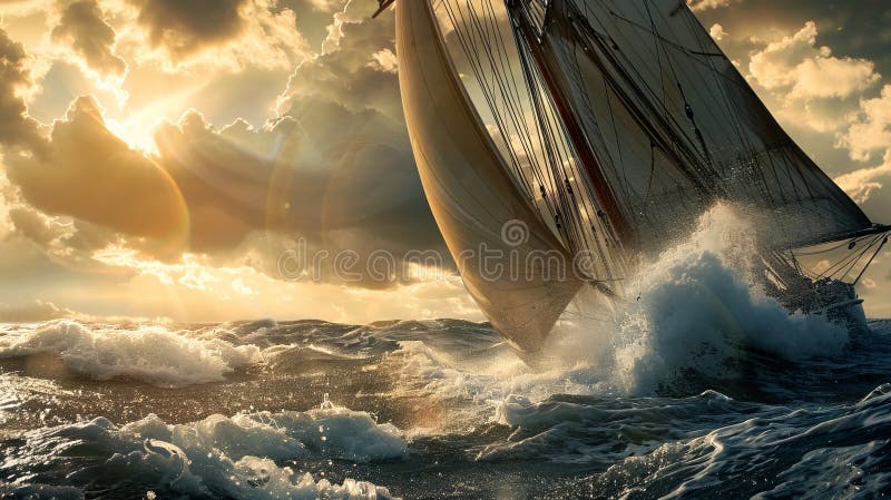 Dramatic Sailboat Racing through Rough Seas at Sunset. Stunning Oceanic ...