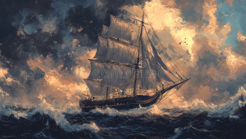 A Dramatic Sailing Ship in the Midst of a Storm with Dark Clouds and ...