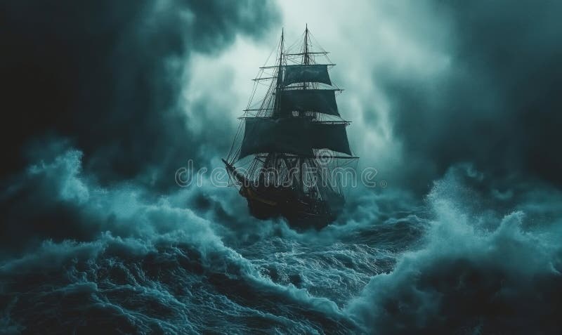 Dramatic Sailing Ship Navigating through Turbulent Stormy Seas with ...