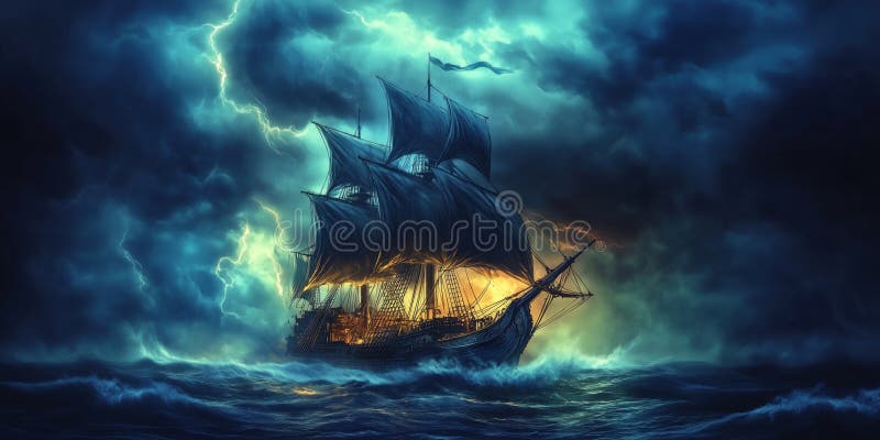 Dramatic Sailing Ship in Stormy Seas with Lightning and Dark Clouds ...