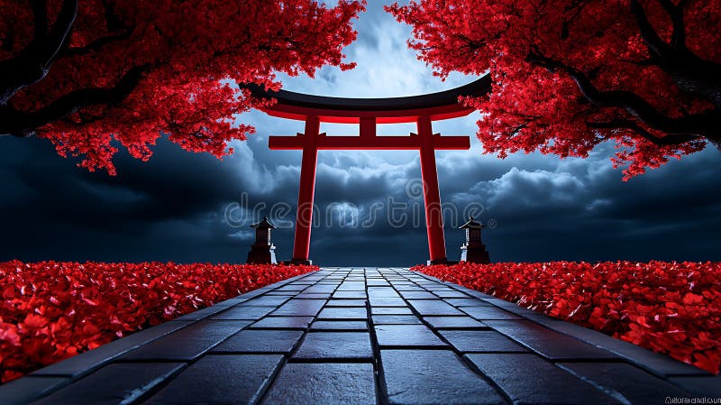 Dramatic Temple in Japan with Red Foliage Stock Illustration ...