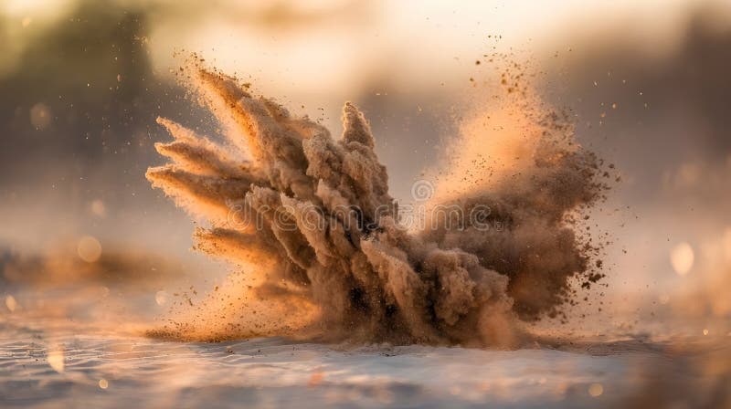 Dramatic Sand Explosion at Sunset with Golden Light Stock Illustration ...