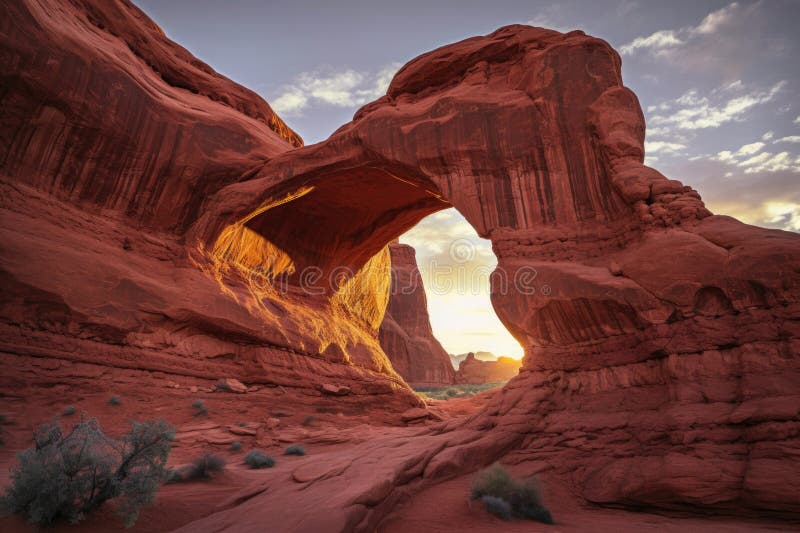 Dramatic Sandstone Arch with Glowing Sunset Stock Illustration ...