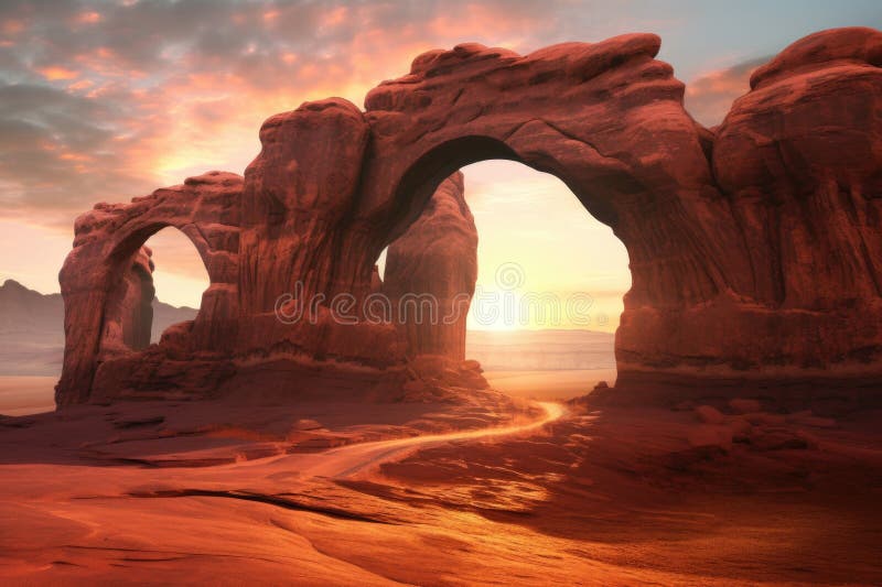 Dramatic Sandstone Arch with Glowing Sunset Stock Illustration ...