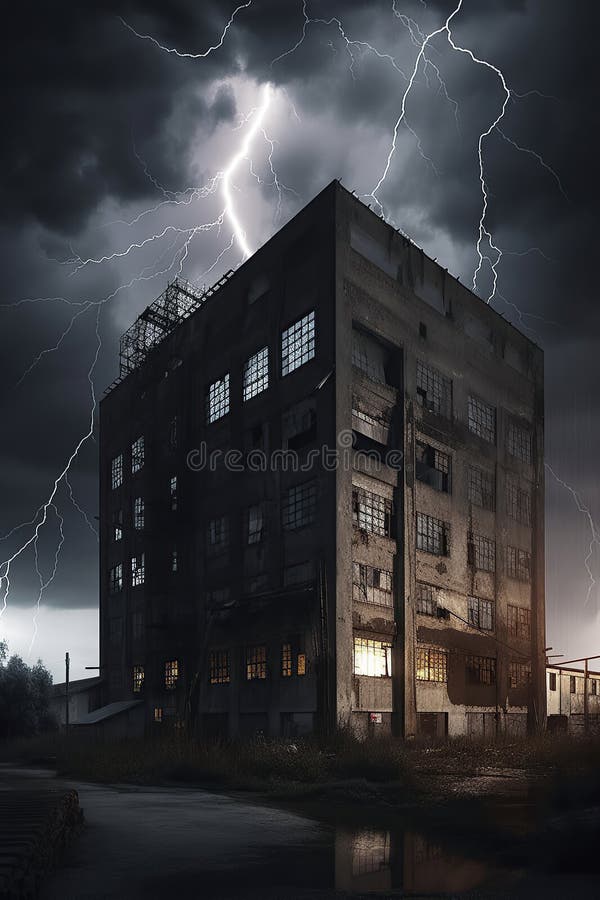 A Dramatic Scene of an Abandoned Building Illuminated by Intense ...