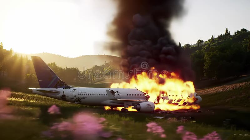 A Dramatic Scene of an Airplane Accident with Smoke and Fire Billowing ...