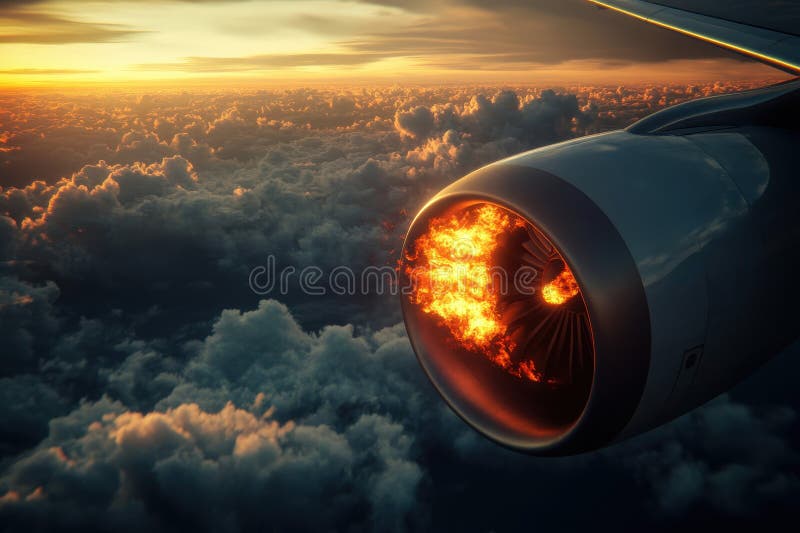 A Dramatic Scene of an Airplane Engine on Fire while Flying Above a ...