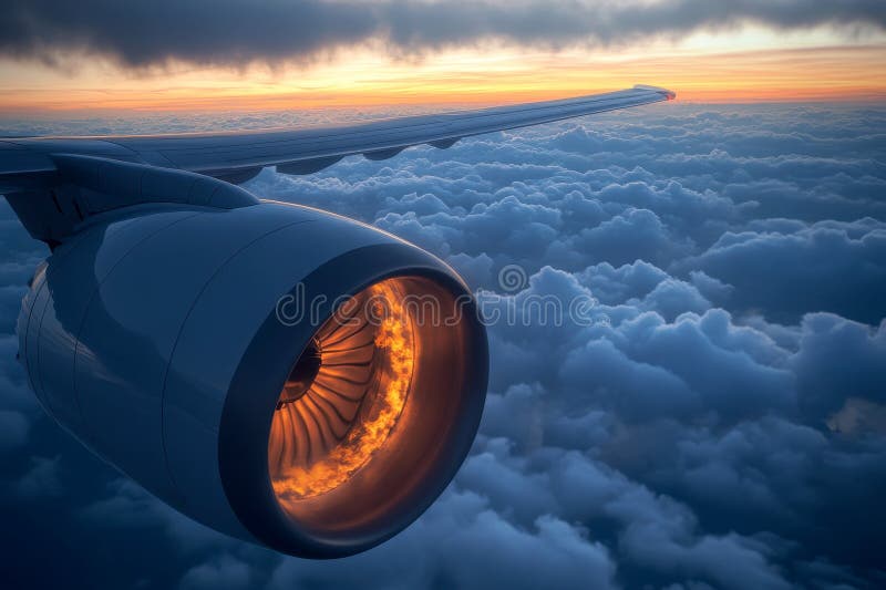 A Dramatic Scene of an Airplane Engine on Fire while Flying Above a ...