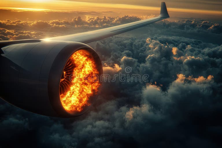 A Dramatic Scene of an Airplane Engine on Fire while Flying Above a ...