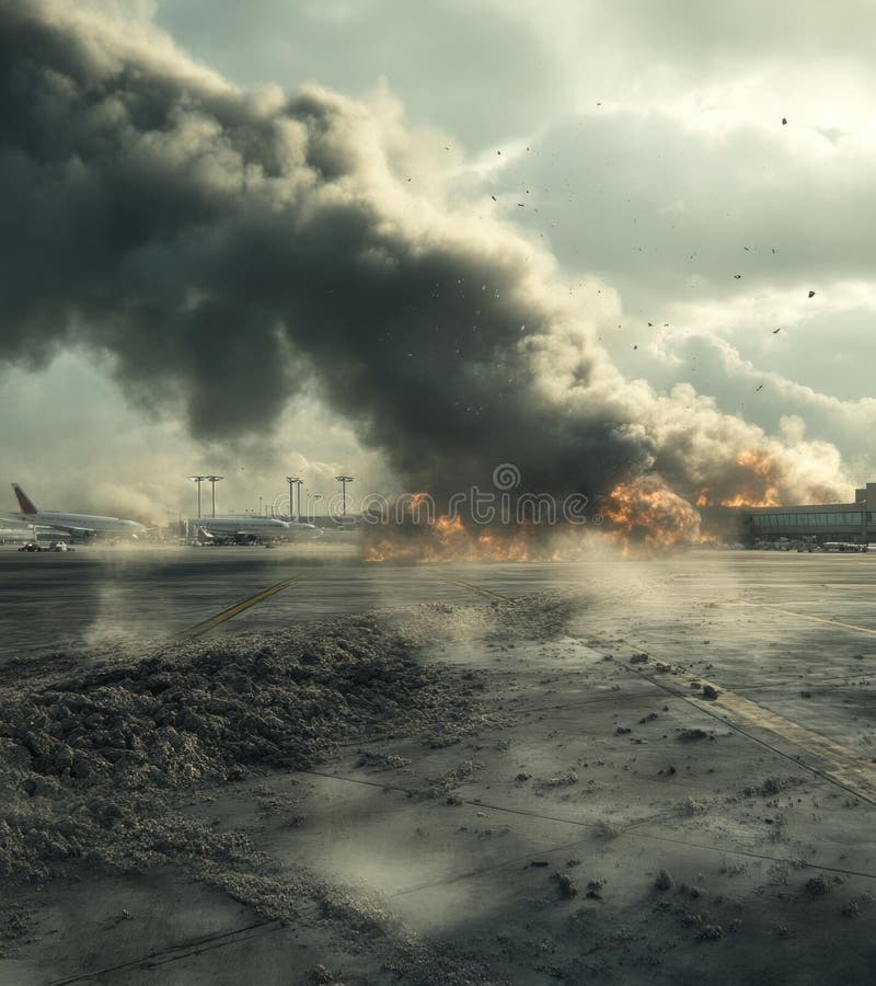 Dramatic Scene of Airport Runway Explosion with Thick Smoke and Flames ...