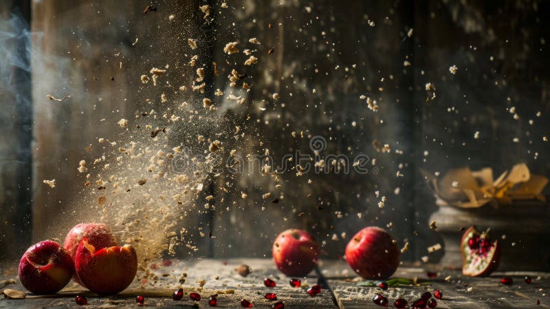Exploding Apple with Debris and Pomegranate Seeds Stock Image - Image ...