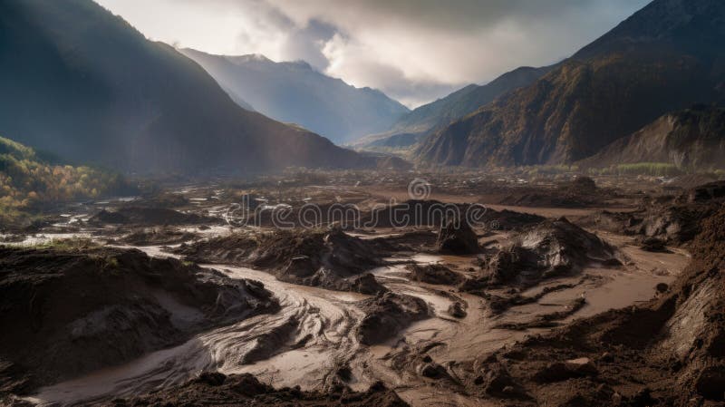 A Dramatic Scene As a Mudflow Descends Down Rugged Terrain. Stock Photo ...