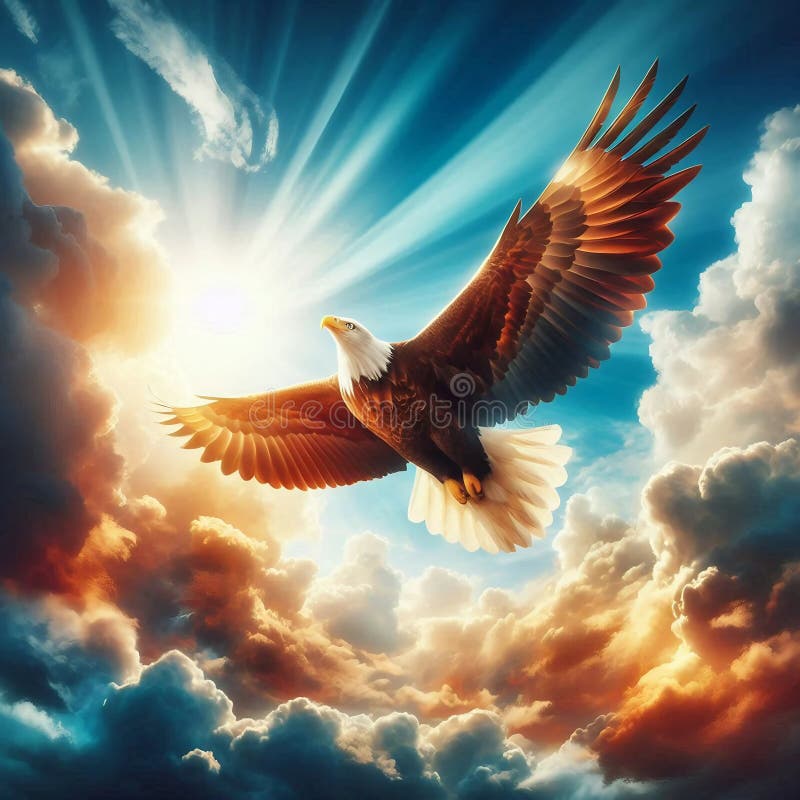 A Dramatic Scene of a Bald Eagle Gliding through Clouds with Light ...