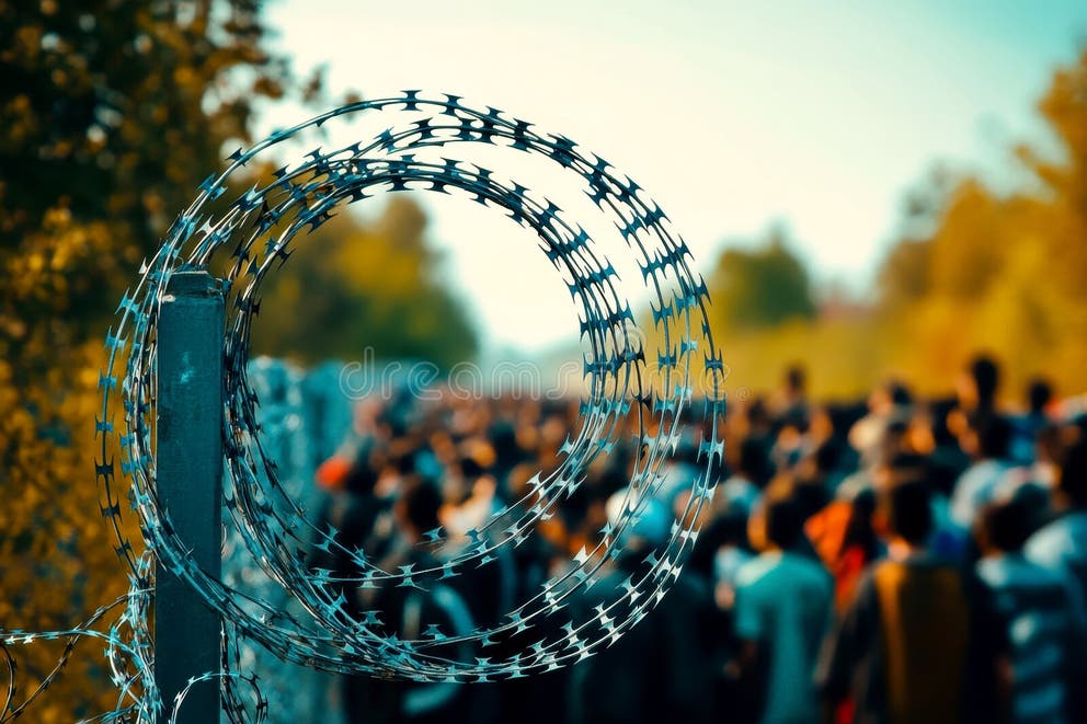 A Dramatic Scene of Barbed Wire in Sharp Focus at Dusk, with Blurred ...