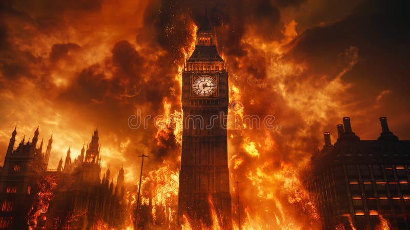 A Dramatic Scene of Big Ben Engulfed in Flames, Depicting a ...