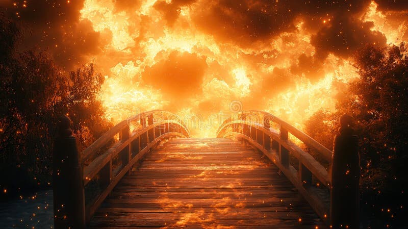 A Dramatic Scene of a Bridge Engulfed in Flames with Smoke Rising in ...