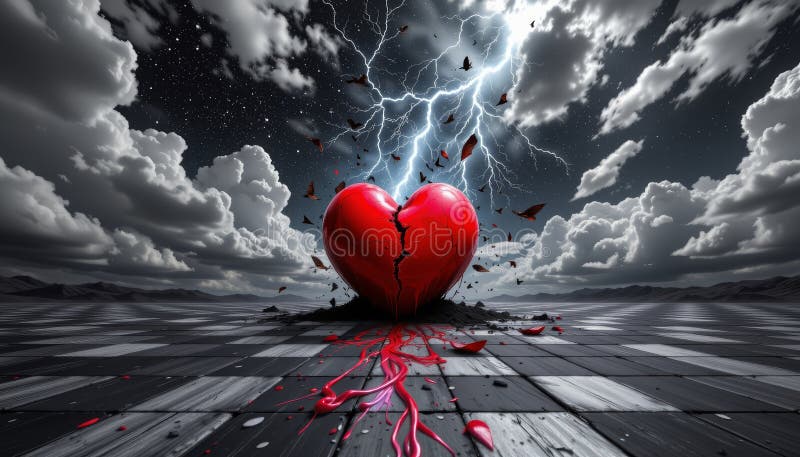 Dramatic Scene of Broken Heart Surrounded by Dark Clouds and Lightning ...