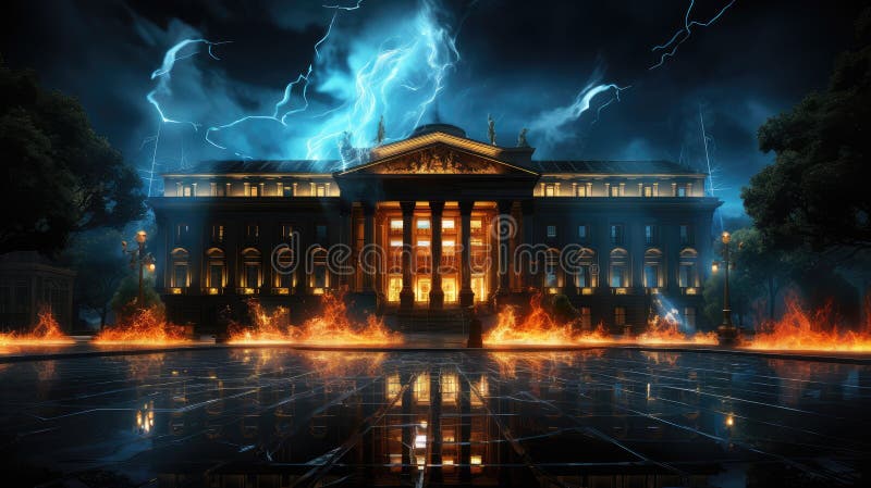 Dramatic Scene of a Building Struck by Lightning with Flames and ...