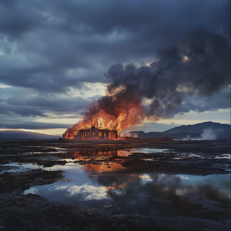 Dramatic Scene of Burning Building Engulfed in Flames and Smoke ...