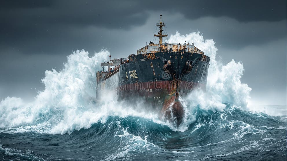 Dramatic Scene of a Cargo Ship Fighting Huge Waves in a Storm Deck ...