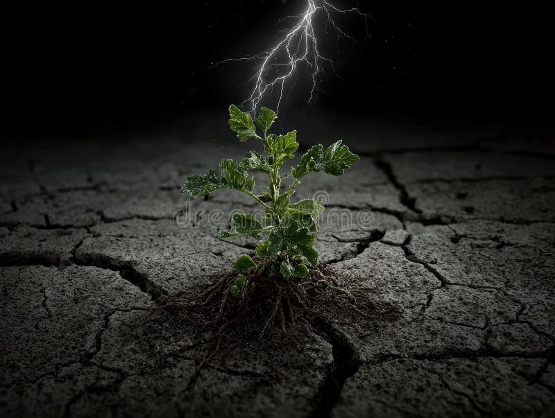 A Dramatic Scene with a Central Focus on a Small, Growing Plant from a ...