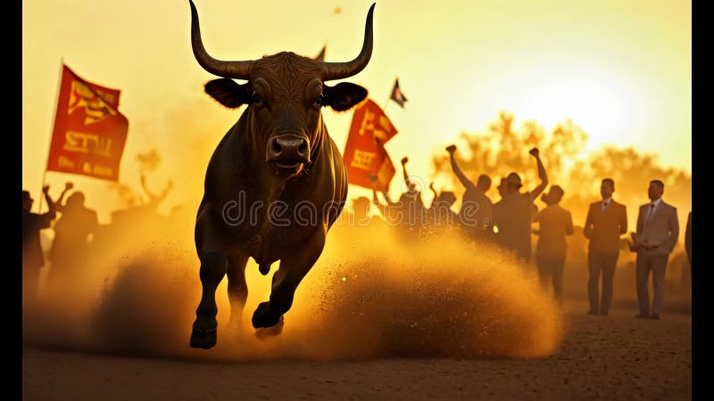 Dramatic Scene of a Charging Bull Amidst Protesters at Sunset Stock ...