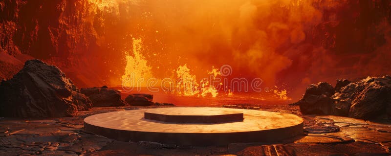 Circular Platform in Front of Erupting Volcano with Intense Lava Flow ...