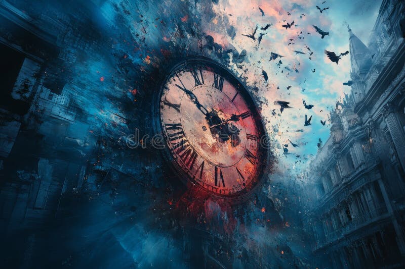 Dramatic Scene of a Clock Face Exploding in a City, with Birds Flying ...