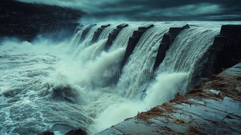 A Dramatic Scene of a Dam with Water Rushing Over Its Edges Indicating ...