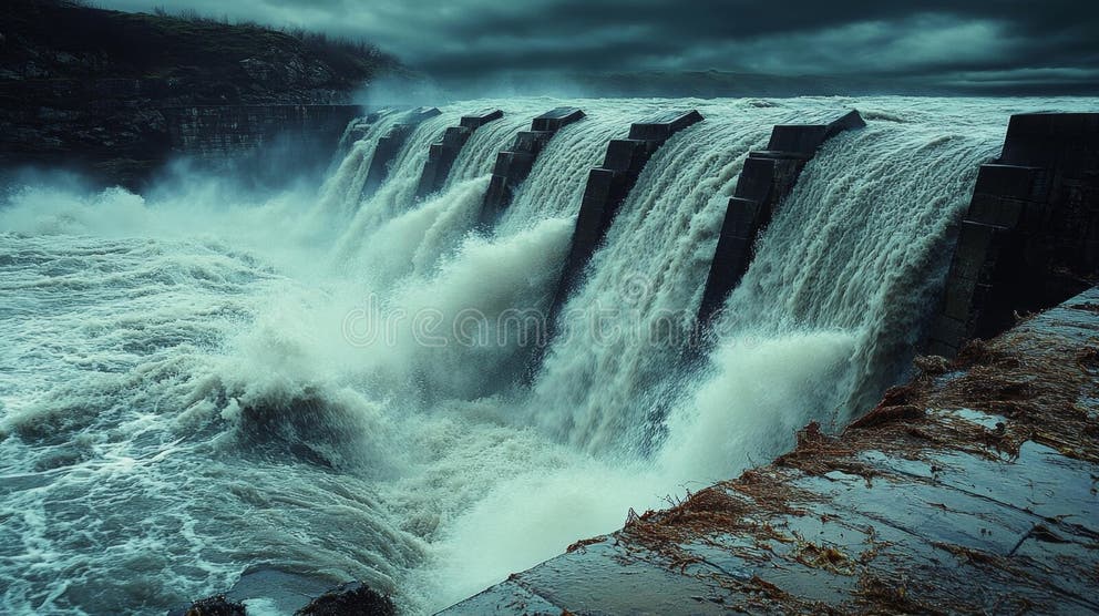 A Dramatic Scene of a Dam with Water Rushing Over Its Edges Indicating ...