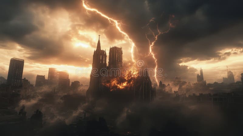 Dramatic Scene of Dark Clouds with Lightning Striking an Old Building ...