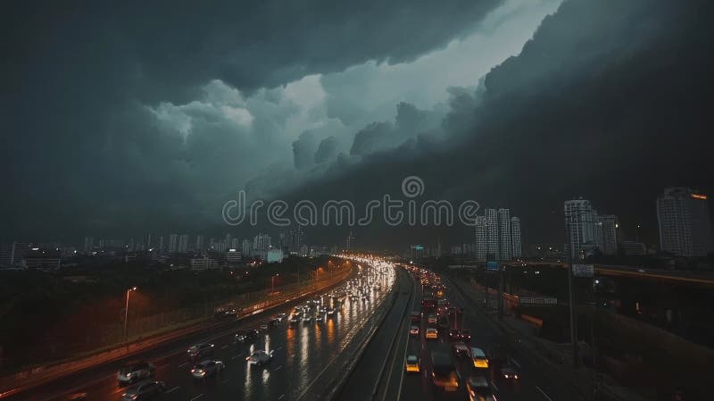 Dramatic Scene of Dark Storm Clouds Over a Rainy Road Amidst Heavy ...