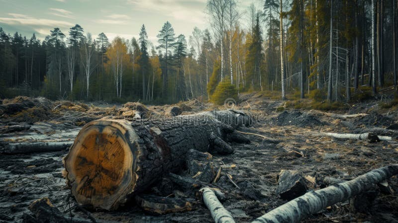 A Dramatic Scene of Deforestation with a Large, Freshly Cut Log in the ...