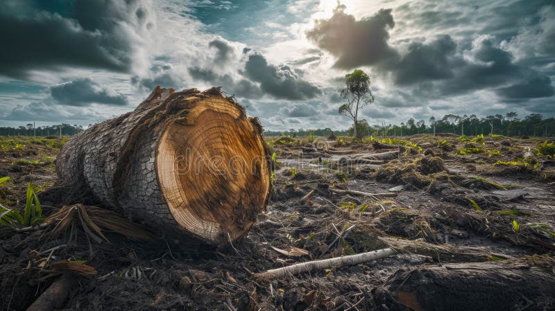 A Dramatic Scene of Deforestation with a Large, Freshly Cut Log in the ...