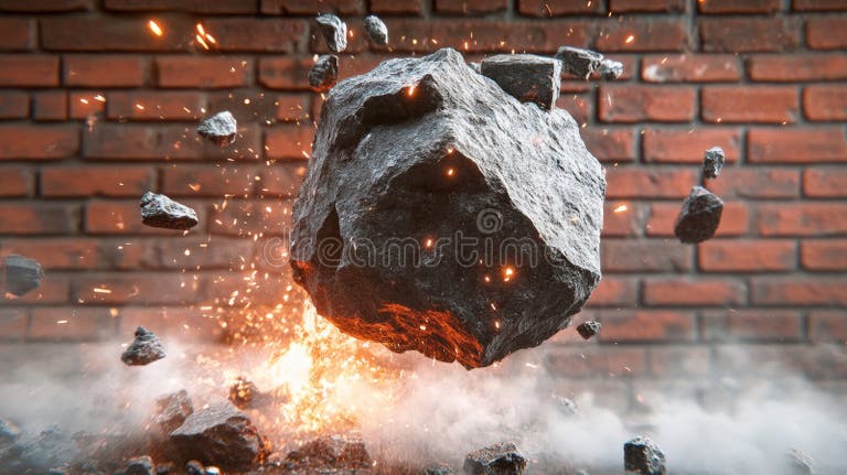 Dramatic Scene of Demolition Action Large Rock Shattering Sturdy Brick ...