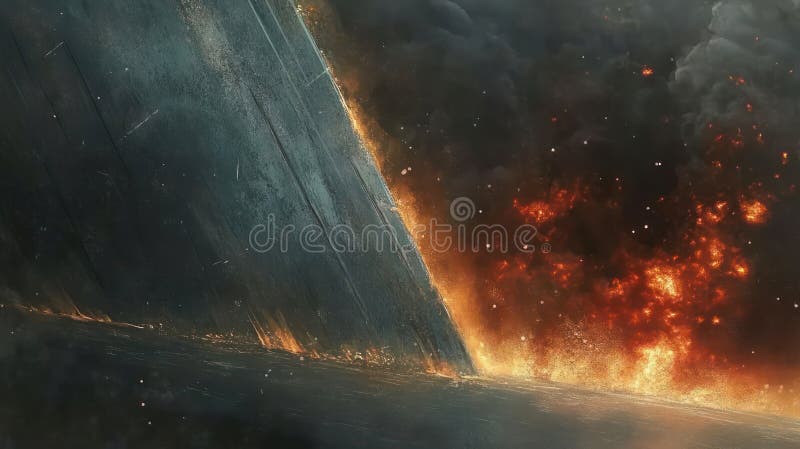 A Dramatic Scene Depicting a Fiery Explosion Against a Metallic ...