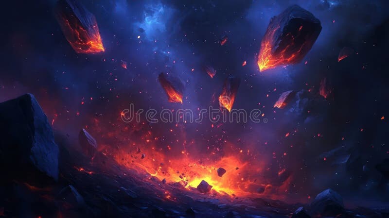 A Dramatic Scene Depicting a Fiery Landscape with Floating Rocks and ...
