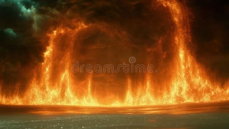 A Dramatic Scene Depicting Flames Rising from a Calm Ocean Under a ...