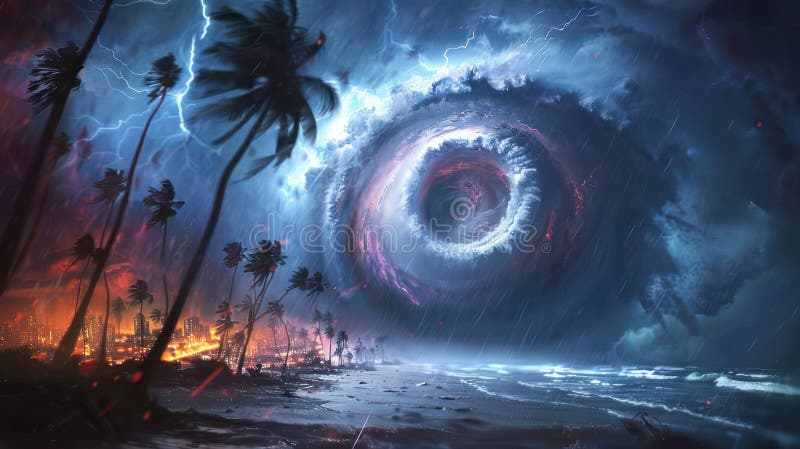 Apocalyptic Coastal Scene: Hurricane Vortex Over Tropical City at Night ...
