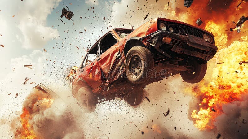 Red Car Explodes in Dramatic Scene with Debris and Flames Surrounding ...