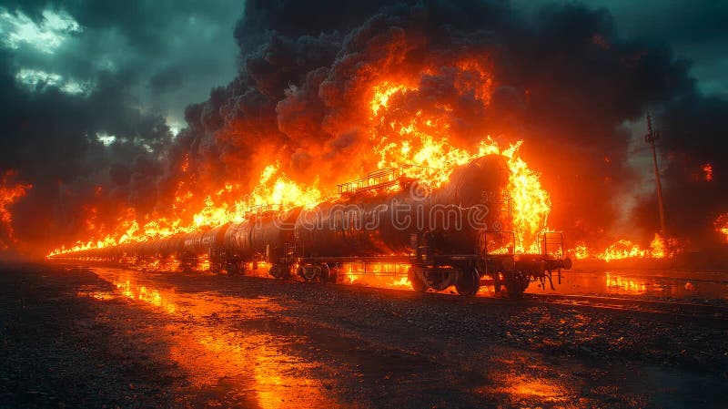 A Dramatic Scene of a Derailed Freight Train with a Tanker Car Ablaze ...