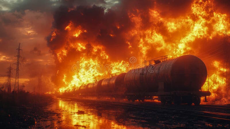 A Dramatic Scene of a Derailed Freight Train with a Tanker Car Ablaze ...