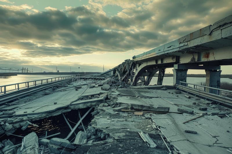 Dramatic Scene of a Destroyed Bridge Against a Moody Sky at Twilight ...