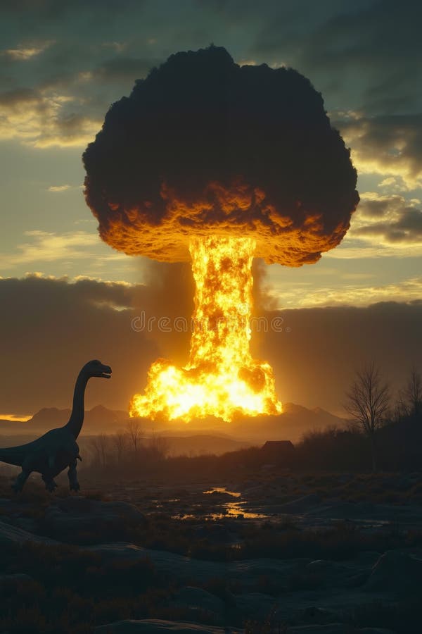 A Dinosaur Standing in Front of a Large Mushroom Cloud in the Sky Stock ...