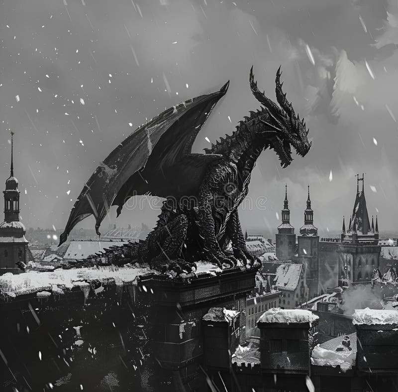 Dramatic Scene of a Dragon Perched on a Snowy Rooftop Overlooking a ...